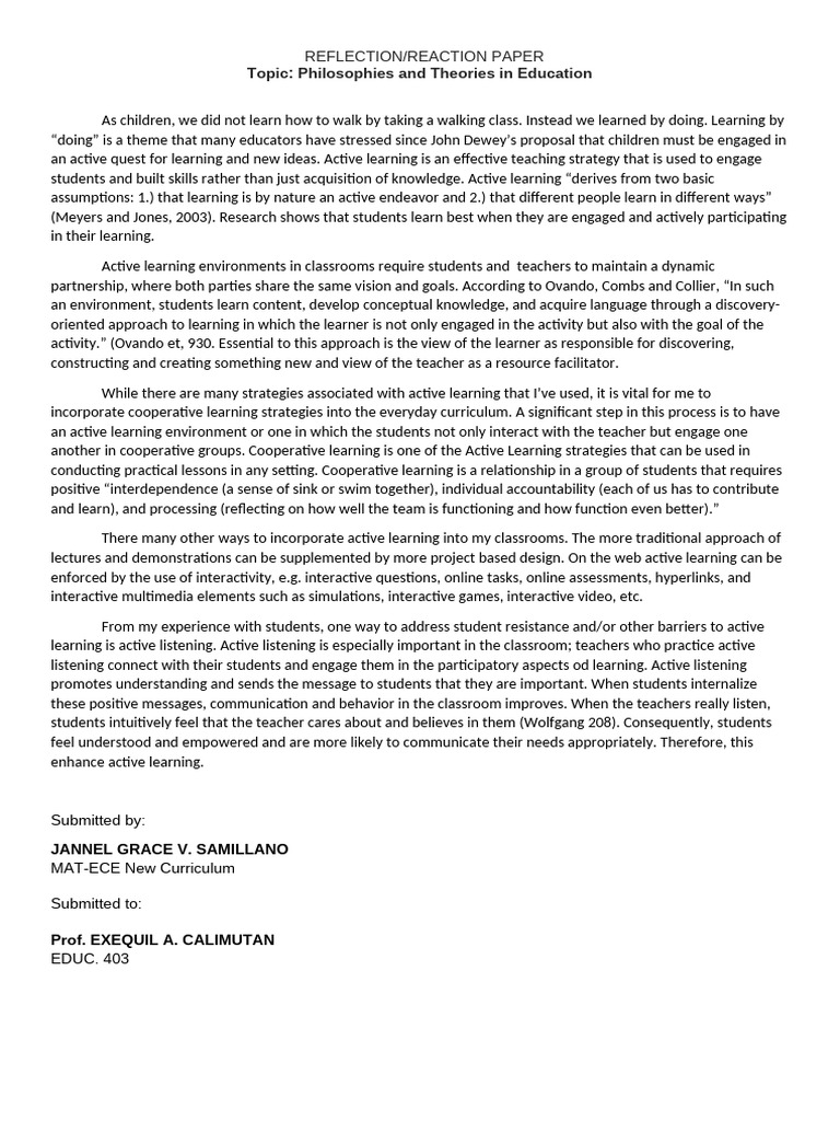 REFLECTION Active Learning Theory | PDF | Learning | Teachers