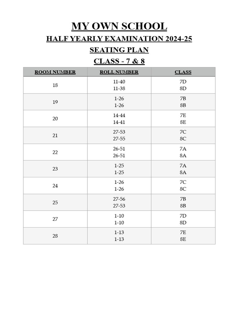 Half-Yearly Examination Seating Plan (Class - 7 & 8) | PDF