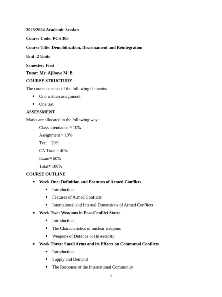 PCS 303 Course Outline | PDF | Peace | International Relations