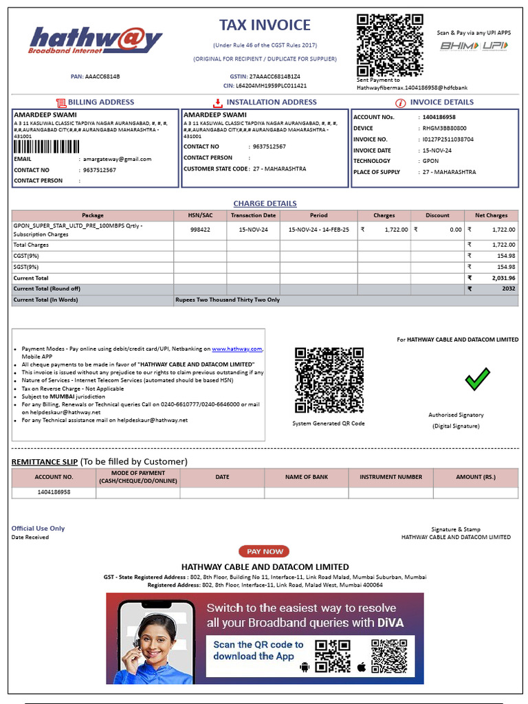 Tax Invoice: Billing Address Installation Address Invoice Details | PDF ...