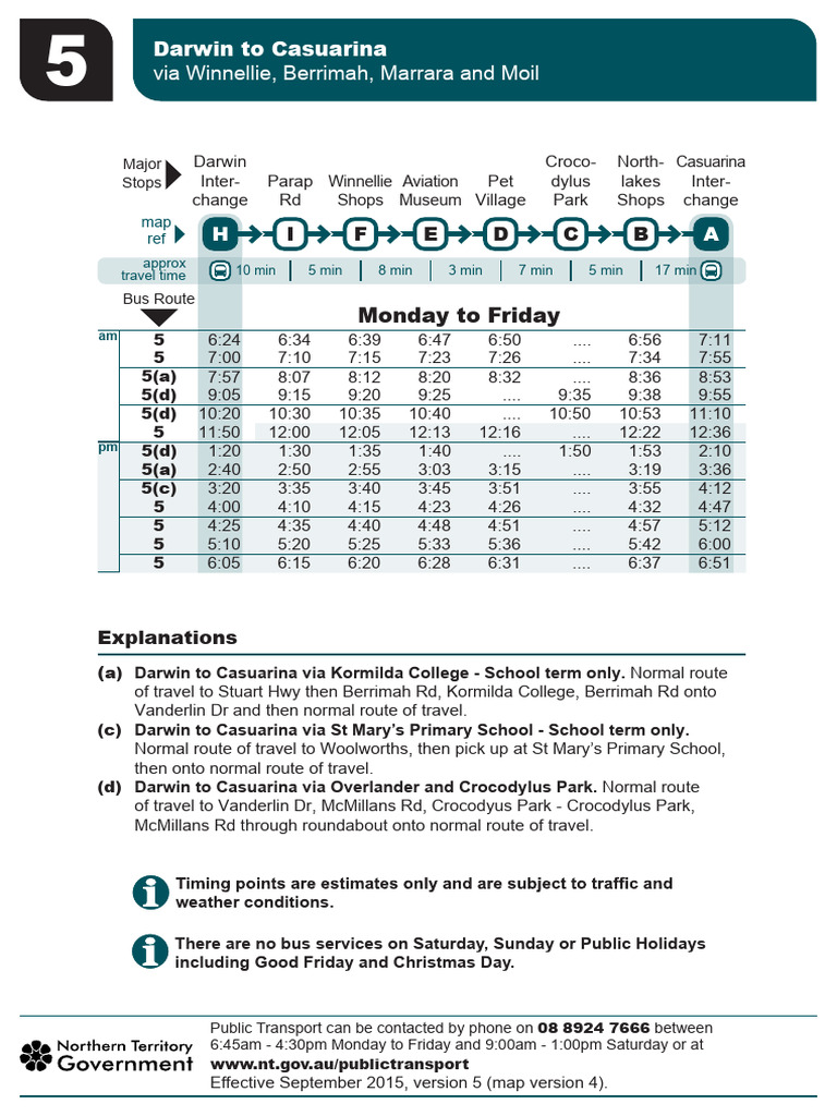 Route 5 Public Bus Darwin To Casuarina Timetable | PDF