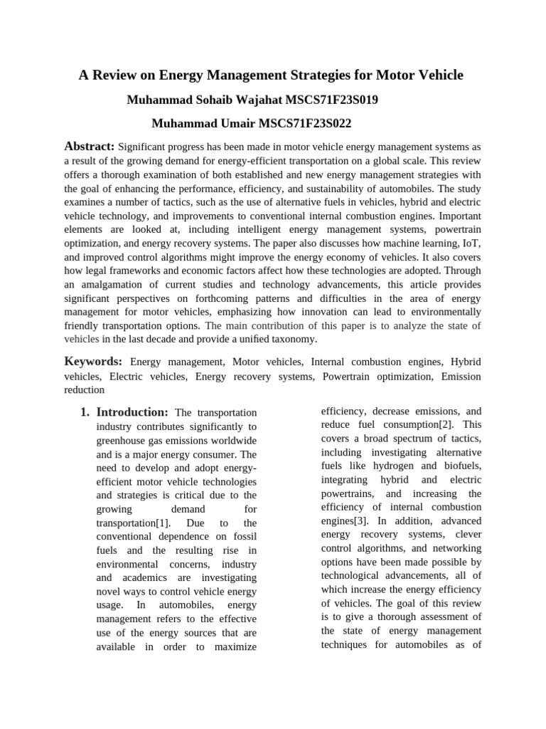 Research Paper A Review On Energy Management Strategies For Motor ...