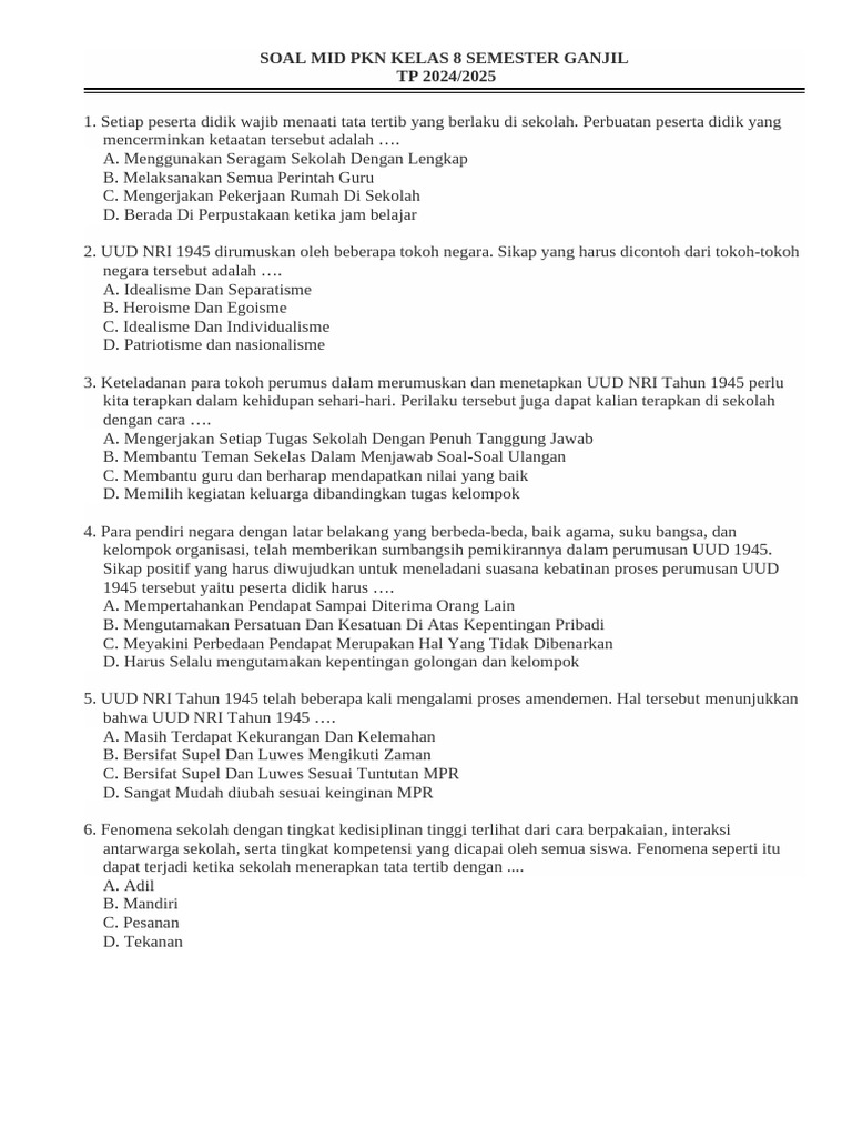Soal Mid PKN Kelas 8 Semester Ganjil TP 2024-2025 | PDF | Ilmu Sosial