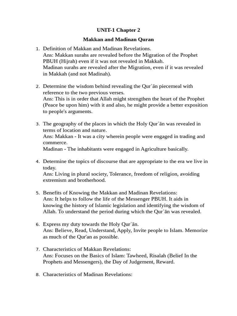 Chapter 2 Makkan and Madinan Quran - Notes | PDF