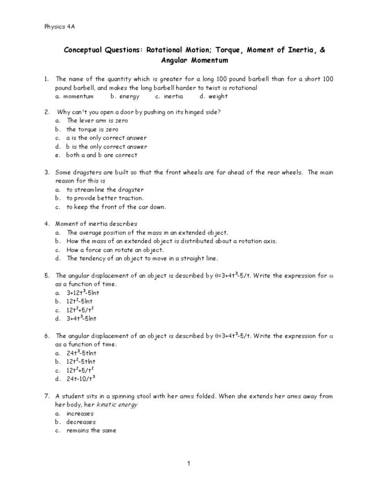 Chapters 10-11 Conceptual Questions | PDF | Torque | Rotation Around A ...