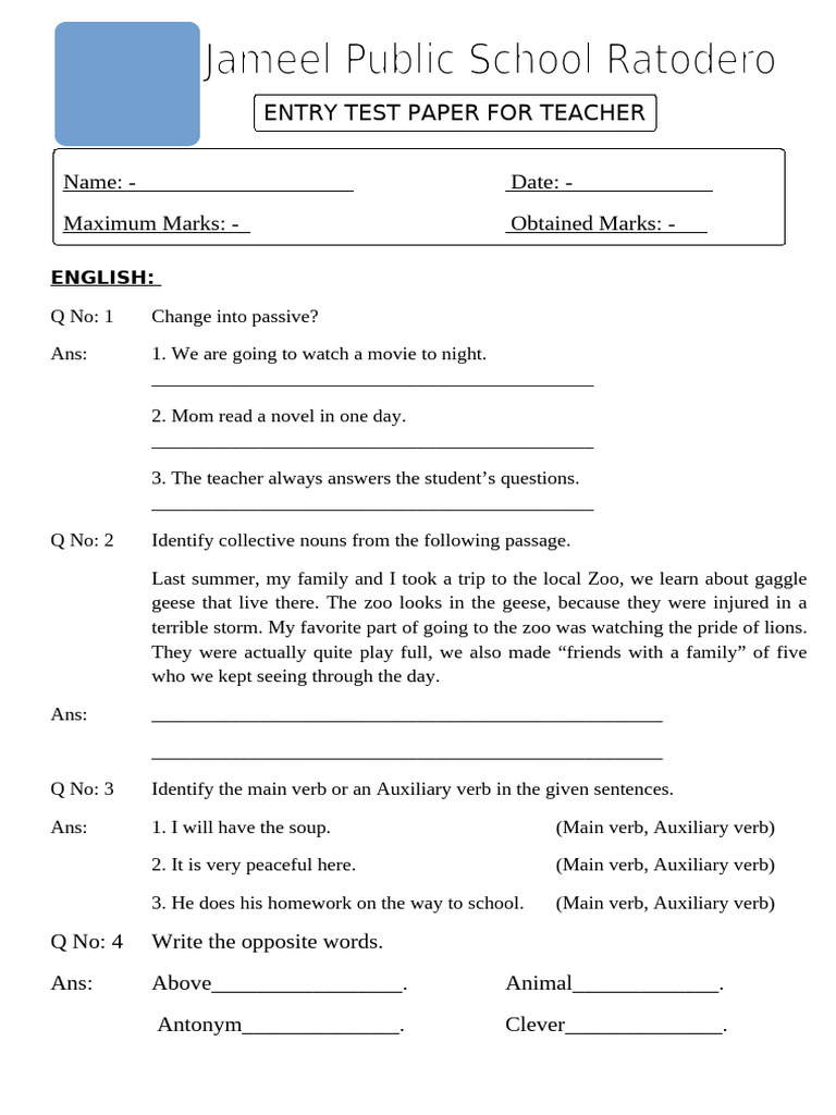 Test Paper for Teachers | PDF | Verb | Linguistic Typology