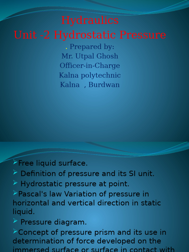Hydraulics - Unit - 2 Hydrostatic Pressure 13.08.2015 | PDF | Pressure Measurement | Pressure