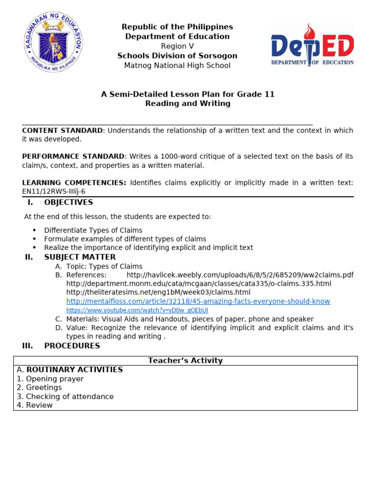 Semi Detailed Grade11 Reading and Writing | PDF | Teachers | Literacy