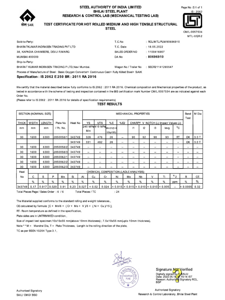 30 MM THK Is2062 HT No.343749 | PDF