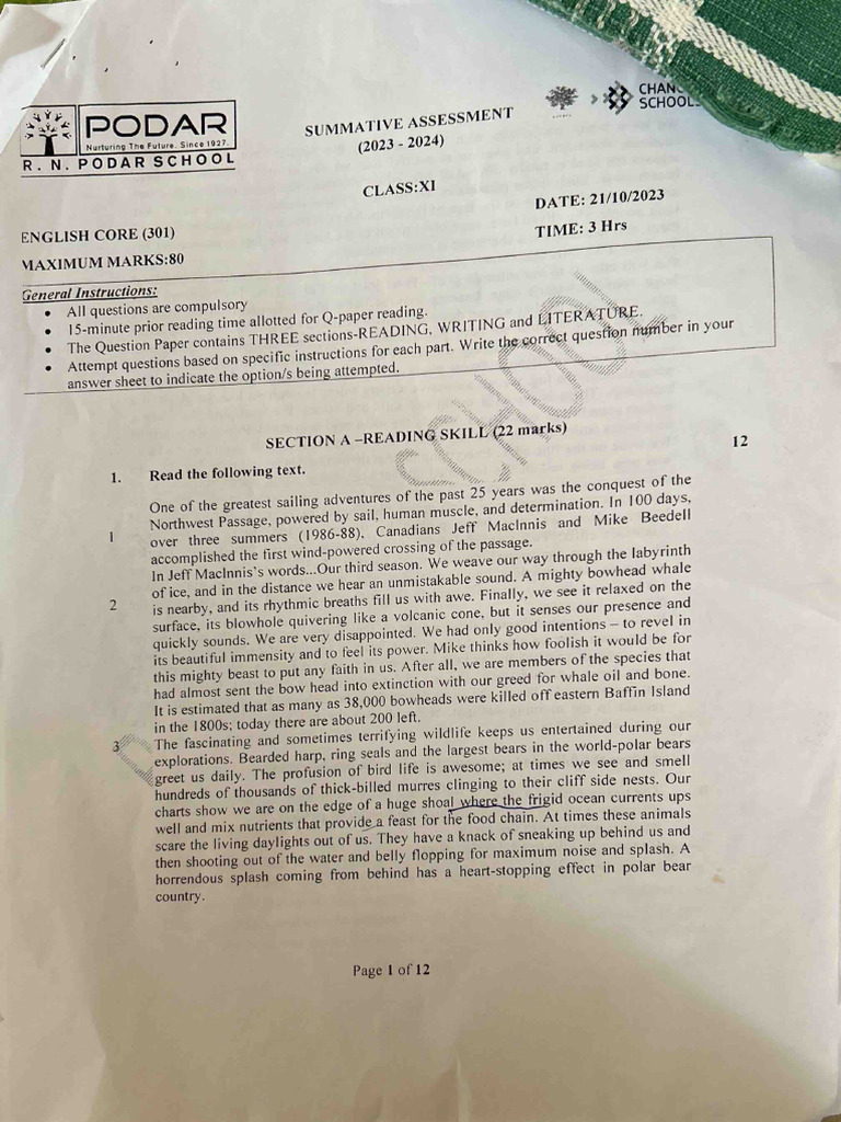 SA1 English Q Paper | PDF