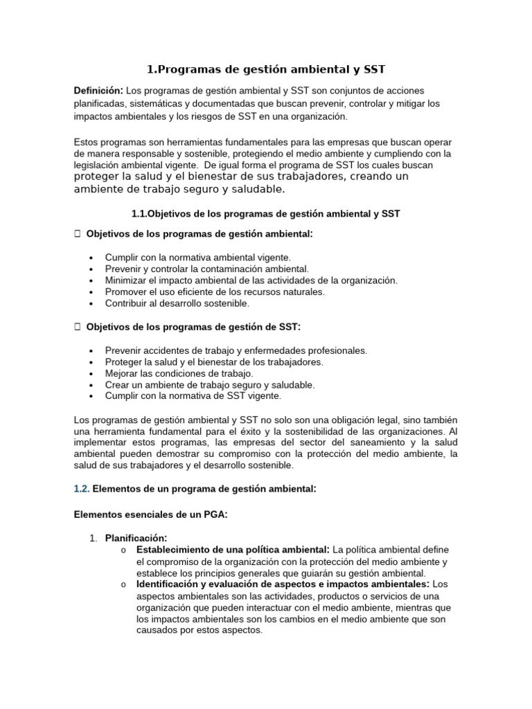Programas y Planes Ambientales y de SST Tematica Calse Uno | PDF ...