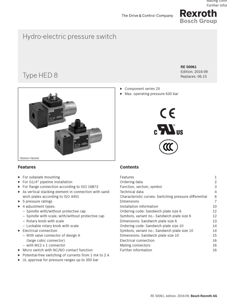 HED 8 Hydro-Electric Pressure Switch | PDF | Switch | Electrical Connector