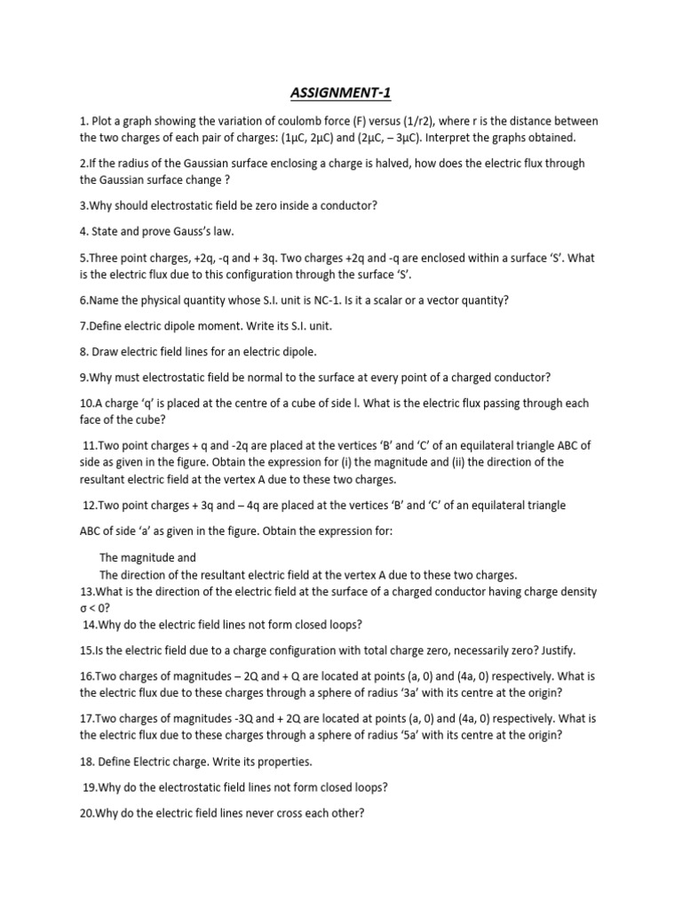 Assignment 1 | PDF | Electrostatics | Electric Field