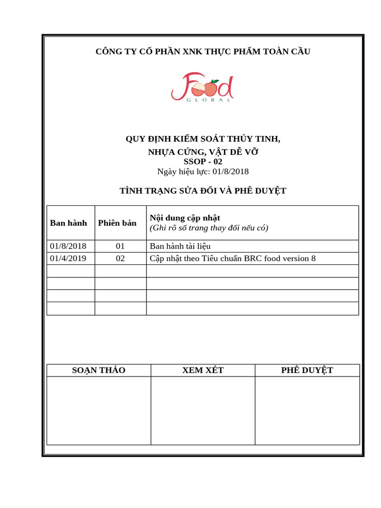 SSOP.02. Quy Dinh Kiem Soat Thuy Tinh, Nhua Cung, Vat de Vo | PDF