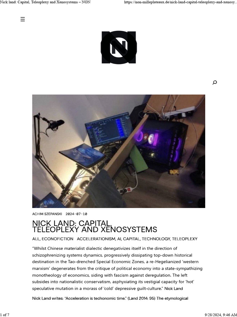 Nick Land - Capital Teleoplexy and Xenosystems | PDF | Political Economy | Economic Ideologies