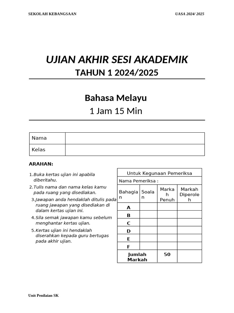 Contoh Kertas Ujian Sekolah 2024/2025 | PDF