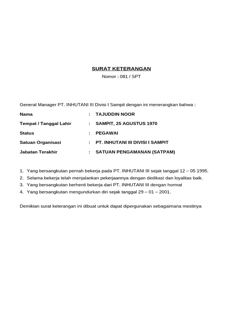 Surat Keterangan Kerja Tajuddin | PDF | Hukum