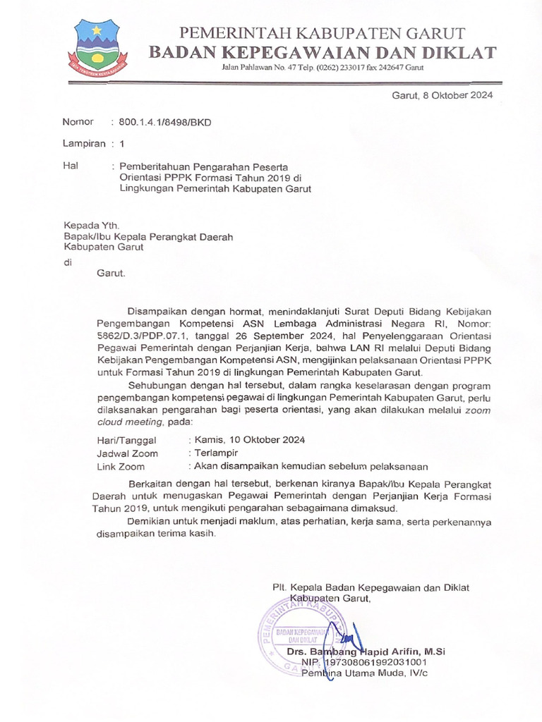 Surat Pemberitahuan Pengarahan Orientasi PPPK Tahun 2024 | PDF