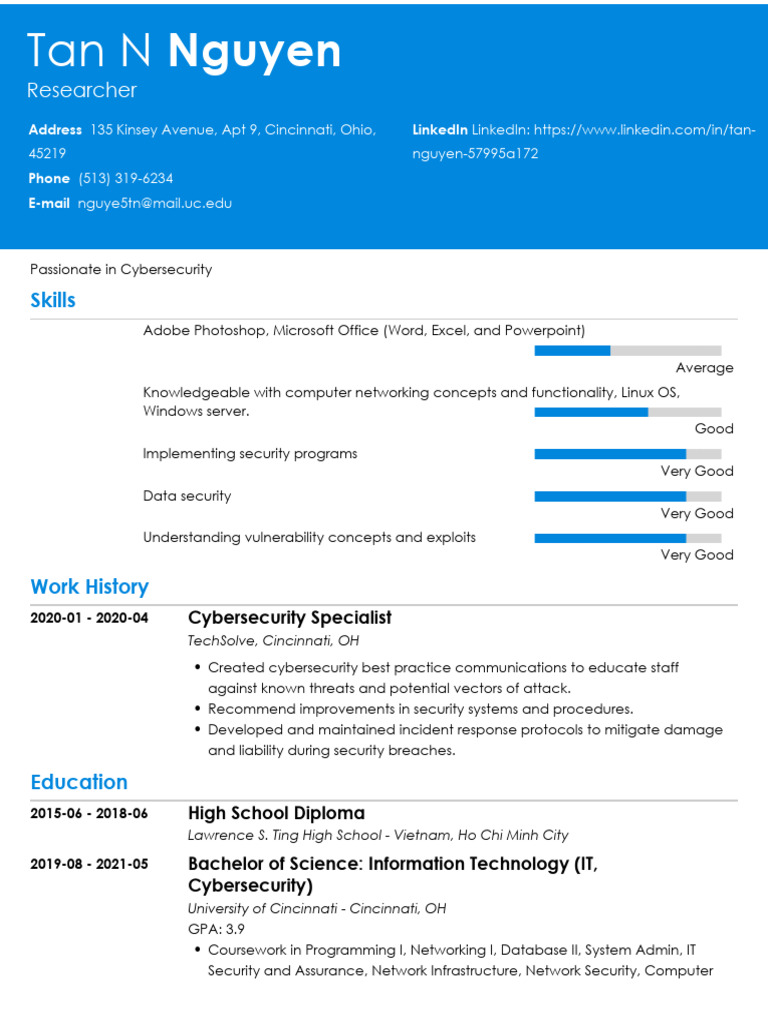 Tan N - Nguyen - Resume - 3 - Blue | PDF