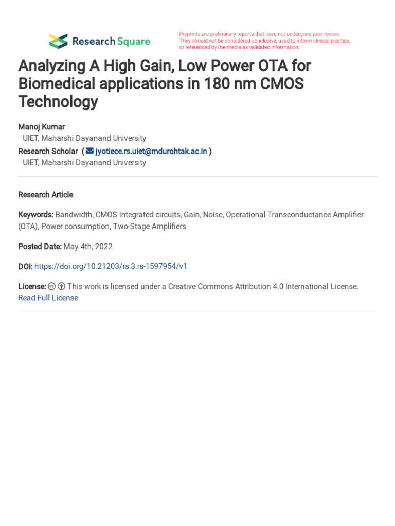 Analyzing A High Gain Low Power OTA For Biomedical | PDF | Amplifier | Cmos
