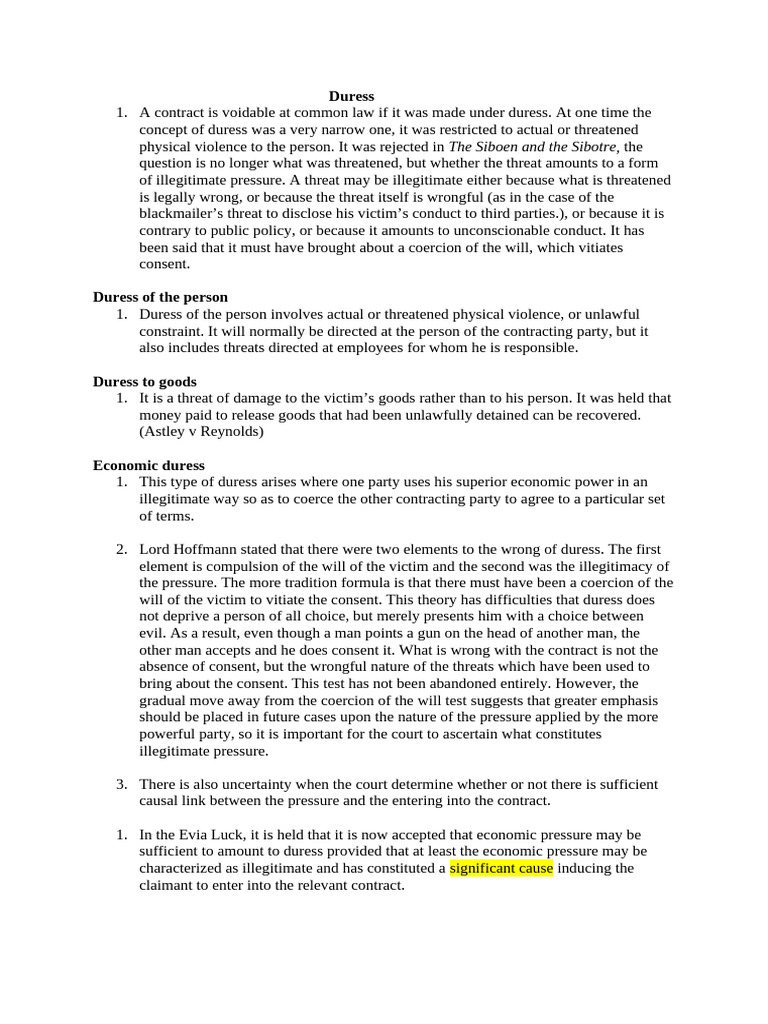 duress notes | PDF | Coercion | Common Law