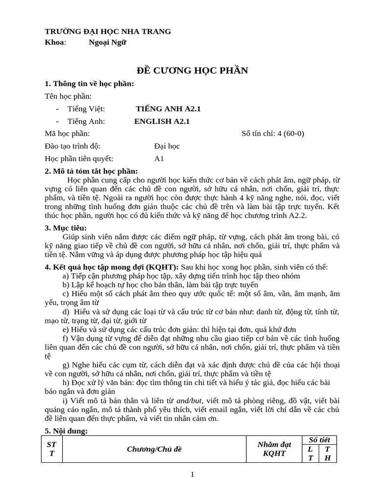 Tieng Anh A2.1 - BM Thuc Hanh Tieng | PDF