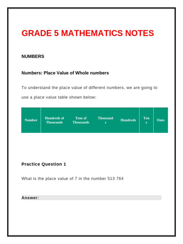 Grade 5 Mathematics Notes-1 | PDF | Line (Geometry) | Equations