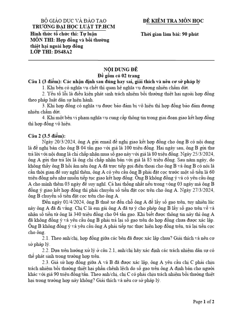 Đề thi môn Hợp đồng và BTTH ngoài hợp đồng - DS48 | PDF