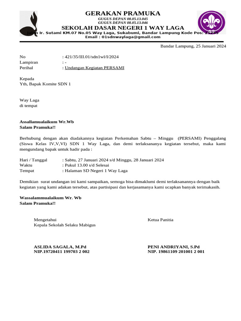 Undangan PERSAMI SDN 1 Way Laga | PDF