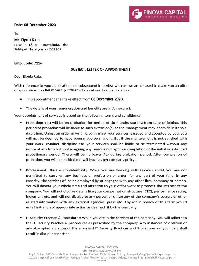 Appointment Letter - Finova (Jun 2023) (6) (7216) | PDF | Arbitration ...