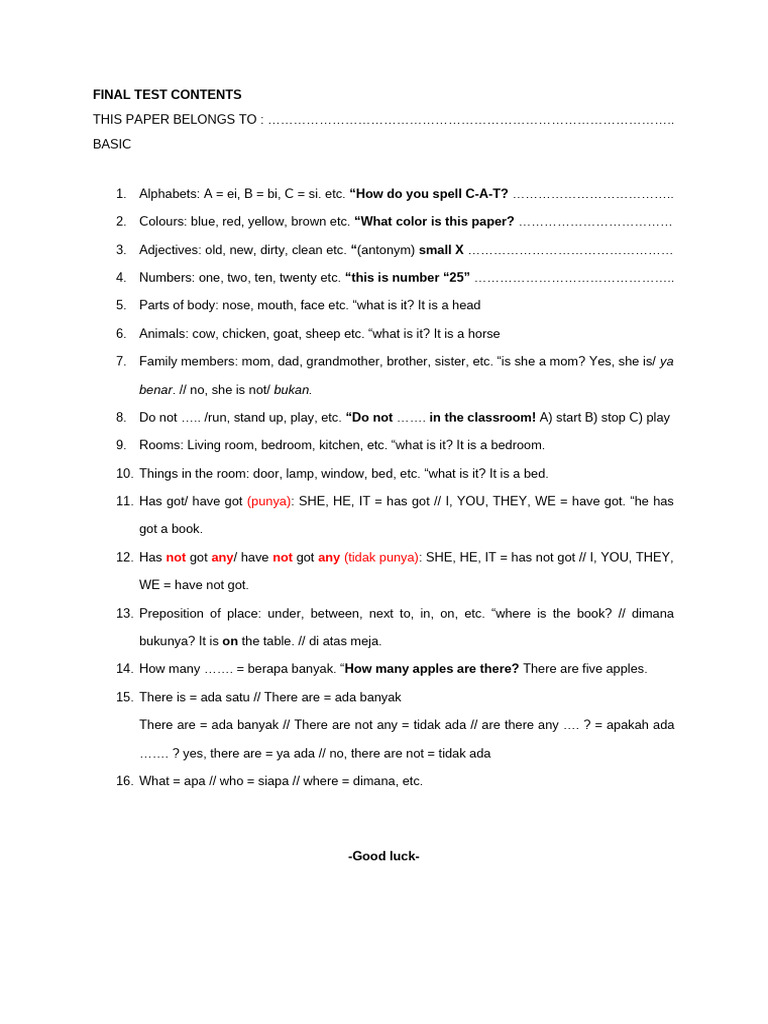 Final Test Contents - Basic | PDF | Language Arts & Discipline