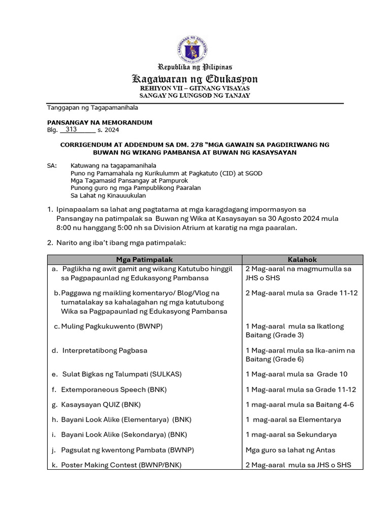DM 313 S. 2024 - Corrigendum at Addendum Sa Dm. 278 "Mga Gawain Sa Pagdiriwang NG Buwan NG ...