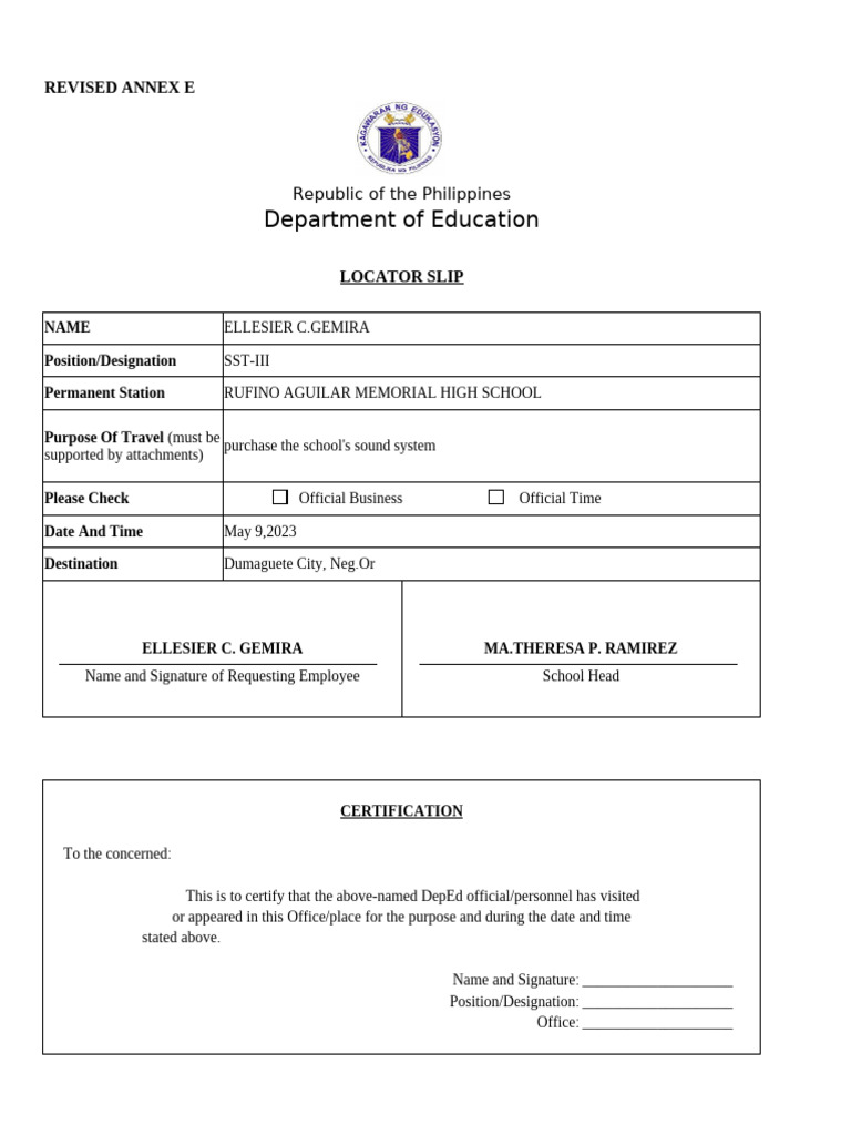 Locator Slips for DepEd Personnel | PDF | Philippines | Government