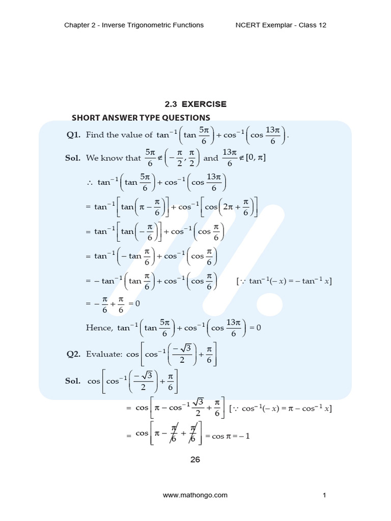 Ncert Exemplar Math Class 12 Chapter 02 Inverse Trigonometric Functions | PDF