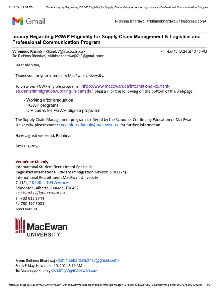 Gmail - Inquiry Regarding PGWP Eligibility For Supply Chain Management ...