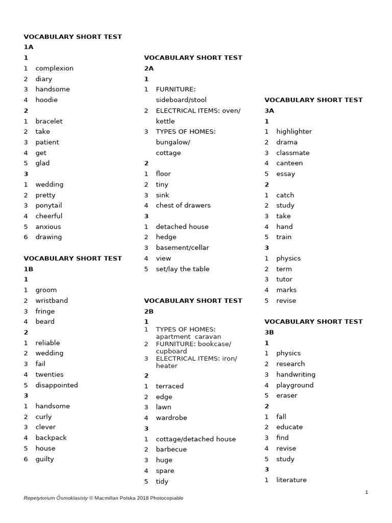 Vocabulary Short Tests Overview | PDF
