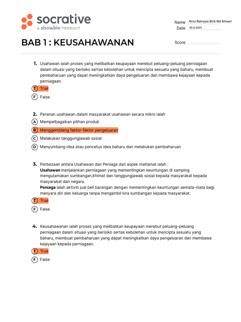 Quiz Bab 1 Keusahawanan 1 | PDF