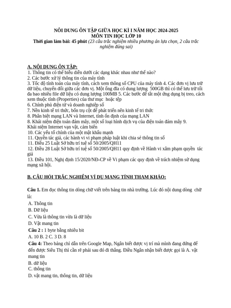 Ôn tập GK1 Tin 10 | PDF