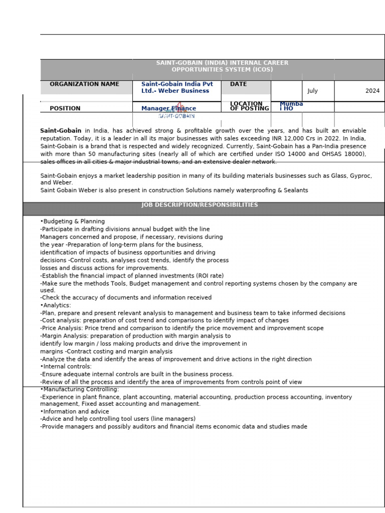 ICOS - Manager - Finance - SGIPL - Weber | PDF | Accounting | Internal Control