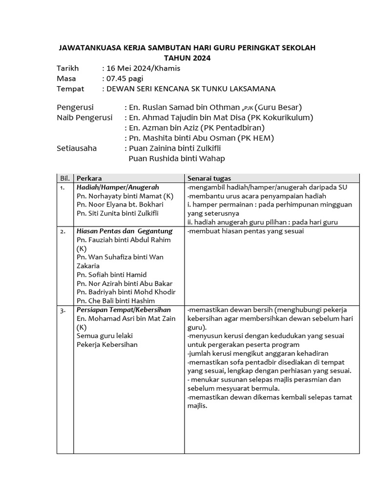 Jawatankuasa Sambutan Hari Guru SKTL 2024 | PDF