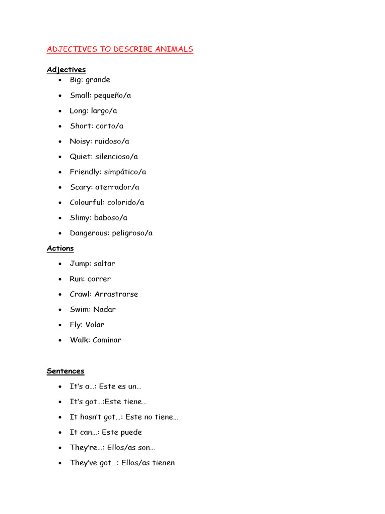 Adjectives To Describe Animals | PDF | Artes del Lenguaje y ...