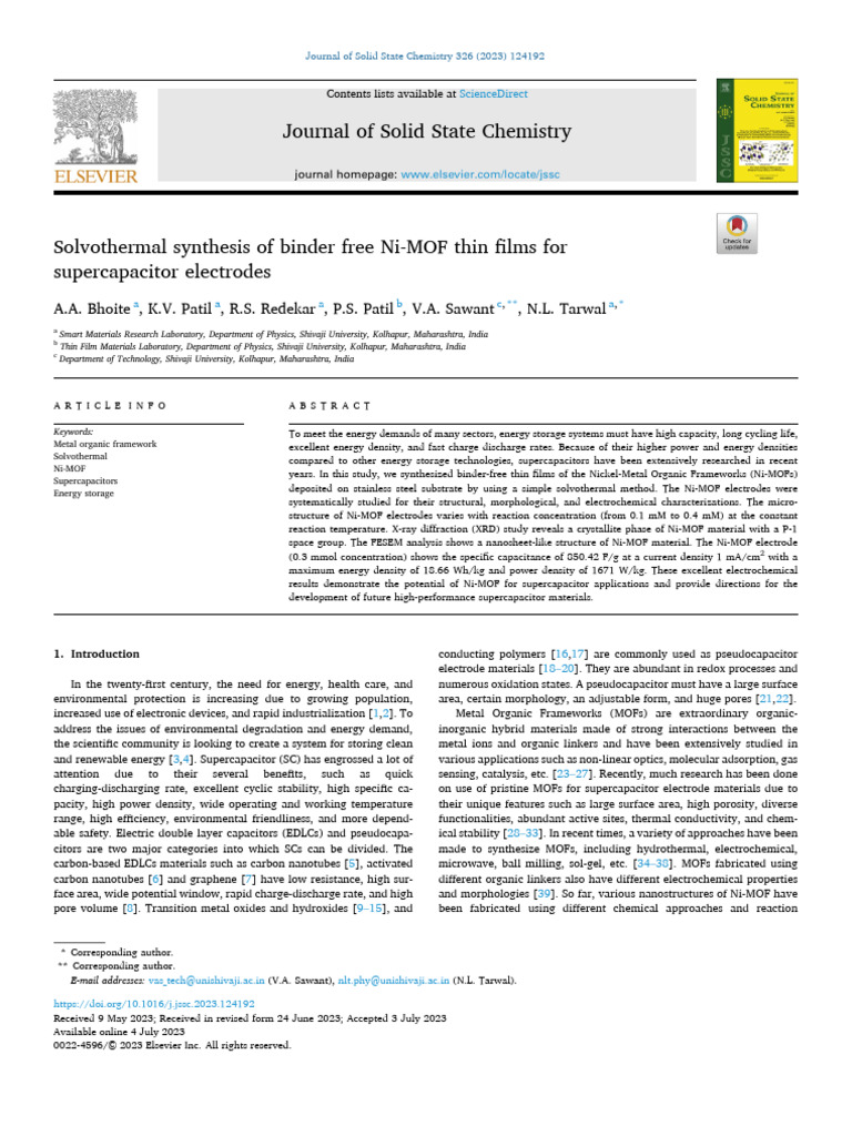 Solvothermal Synthesis of Binder Free Ni-MOF Thin Films For | PDF ...