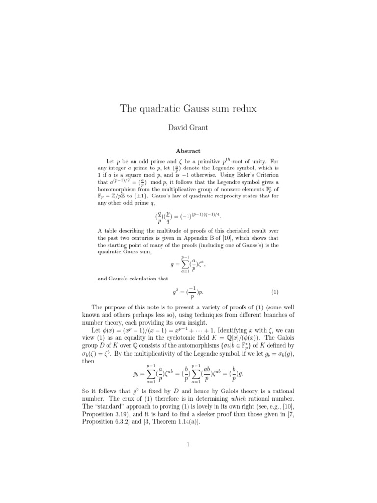 The Quadratic Gauss Sum Redux | PDF | Mathematics | Number Theory