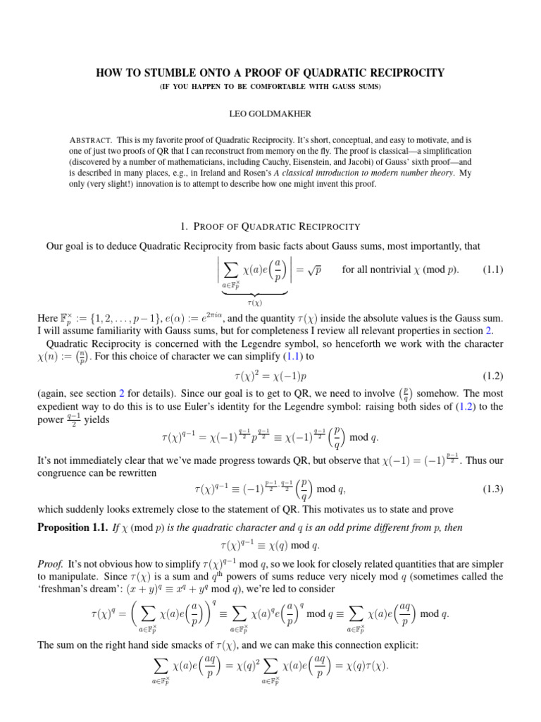 Quadratic Reciprocity Via Gauss Sums | PDF | Fourier Transform | Abstract Algebra