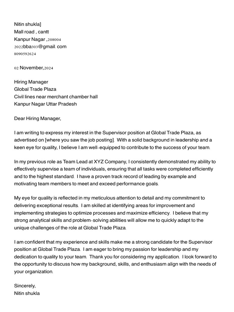 Cover Letter Nitin Shukla | PDF