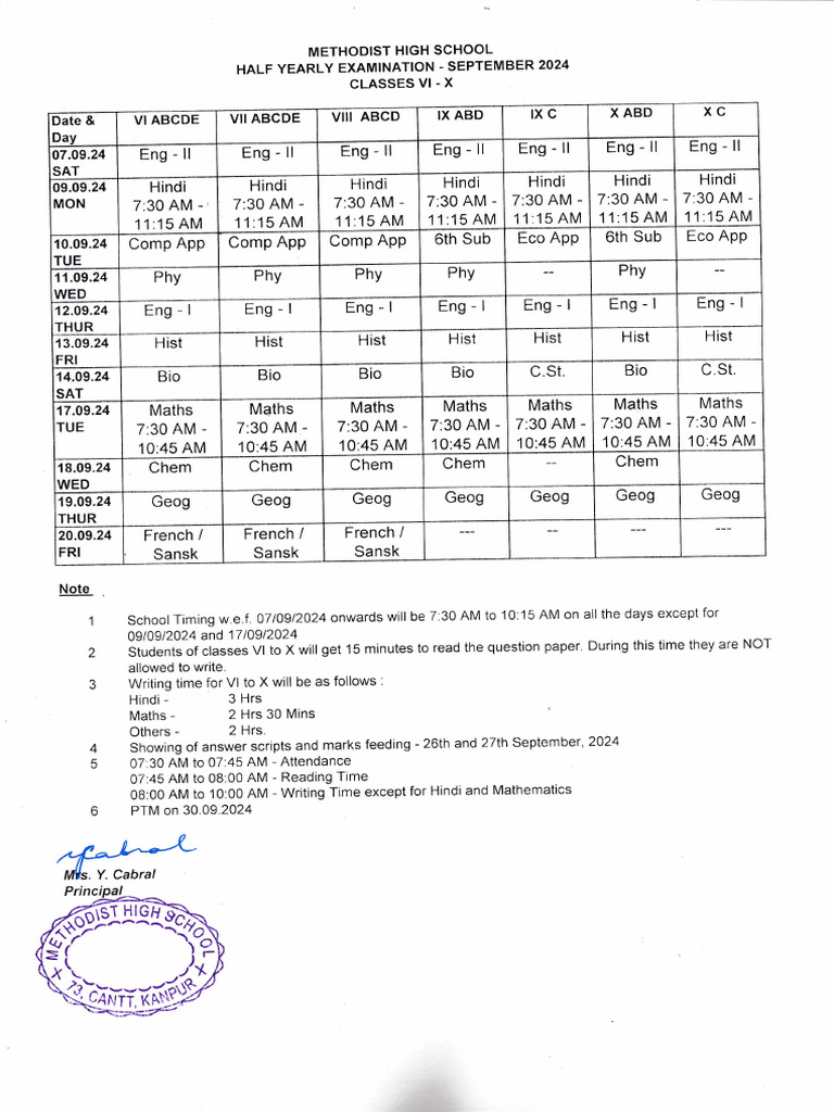 Methodist High School Exam Schedule | PDF