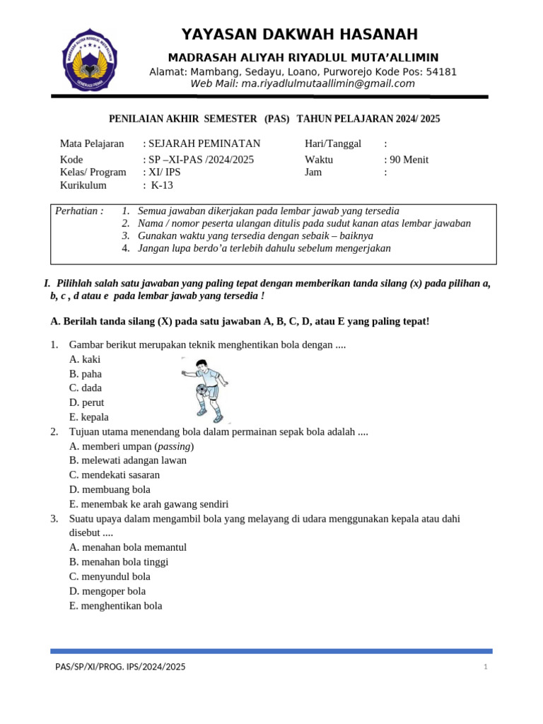 Format Soal PAS Kelas XI. MA. 2024.2025 PJOK | PDF
