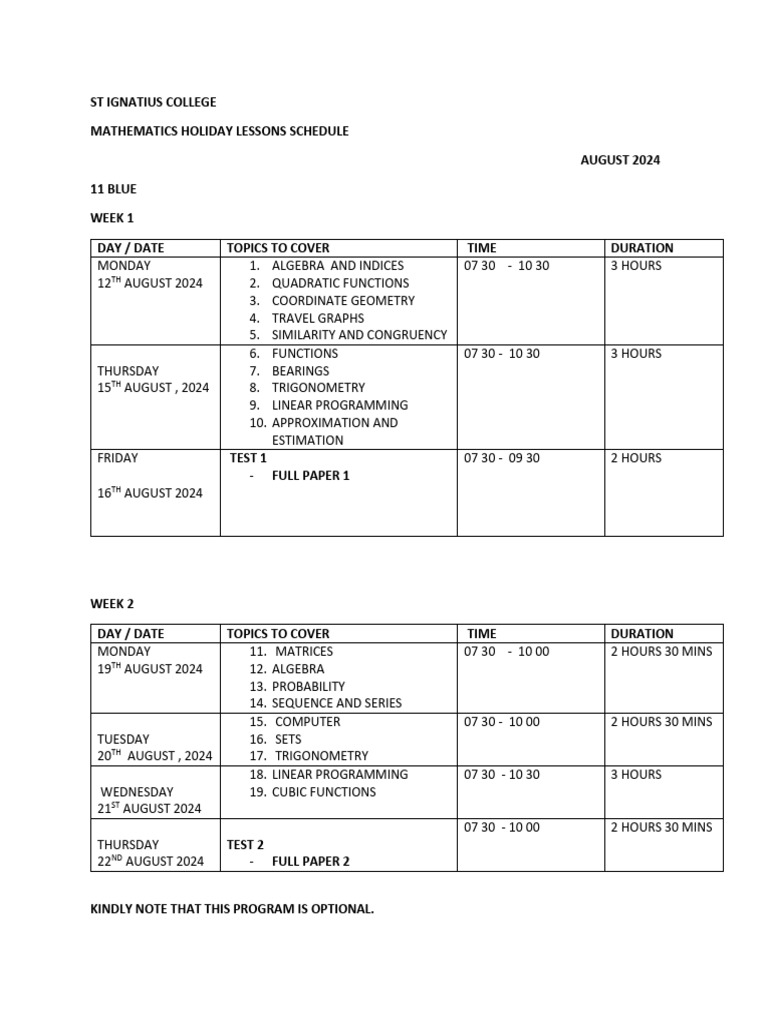 11b Holiday Lessons Schedule | PDF