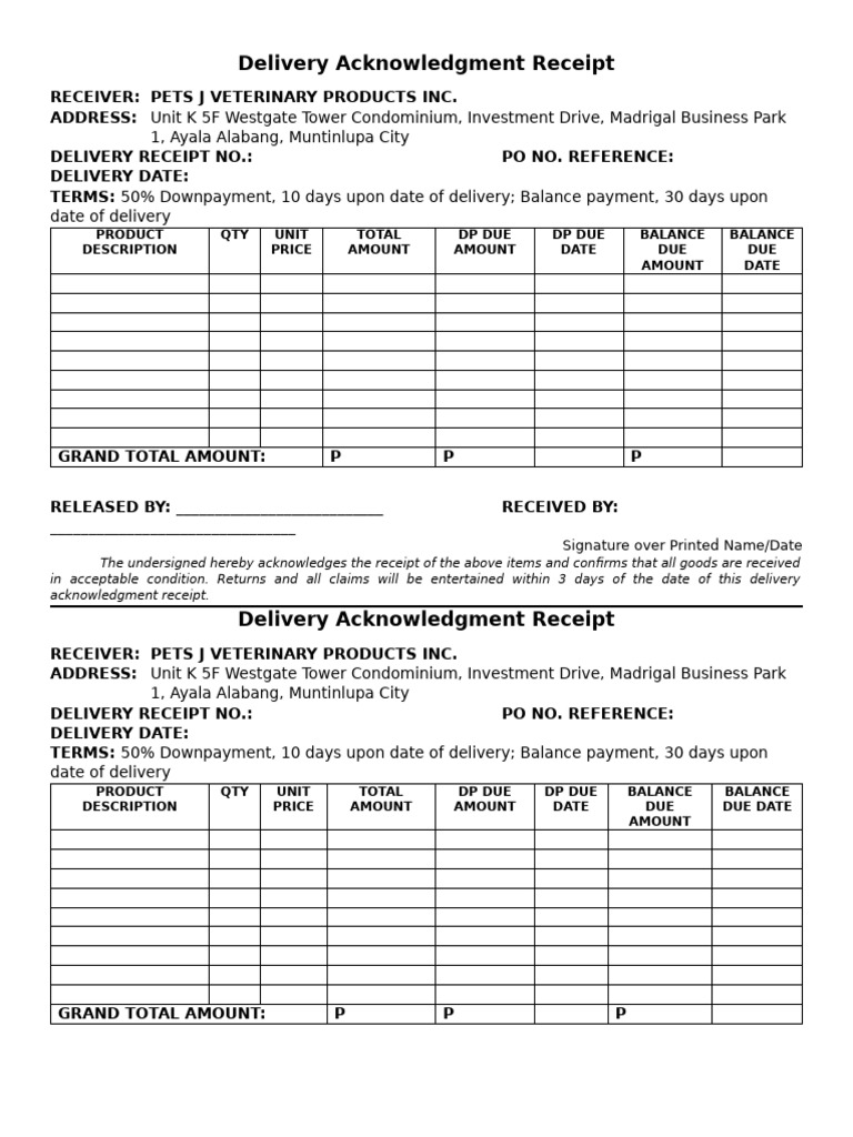 Delivery Acknowledgment Receipt | PDF | Money
