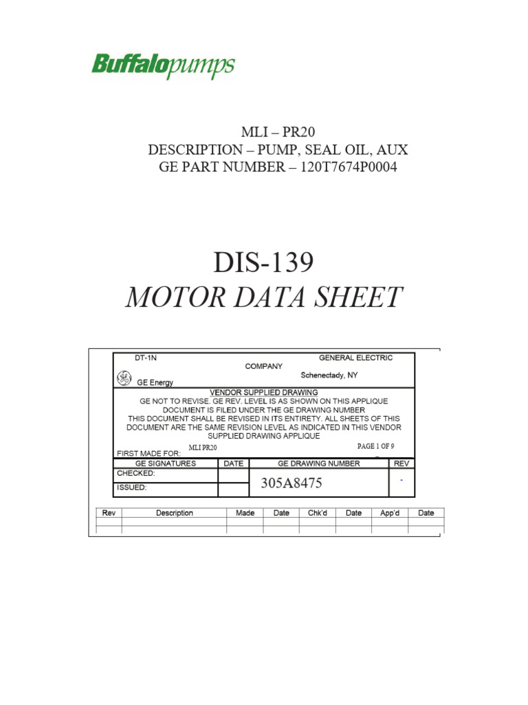 Motor Data Sheet: MLI PR20 Description Pump, L Oil, Ge Part Number ...
